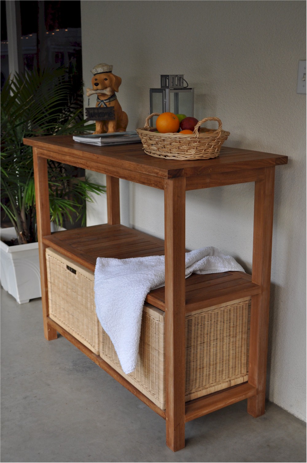 FurnitureTeak: Teak and Wicker Towel Console Table w/ 2 Shelves - Teak ...